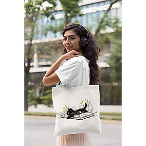 Mahrokh Canvas Tote Bag for Woman Funny Aesthetic Tote Bag Cute Cat Flower Reusable Grocery Bags