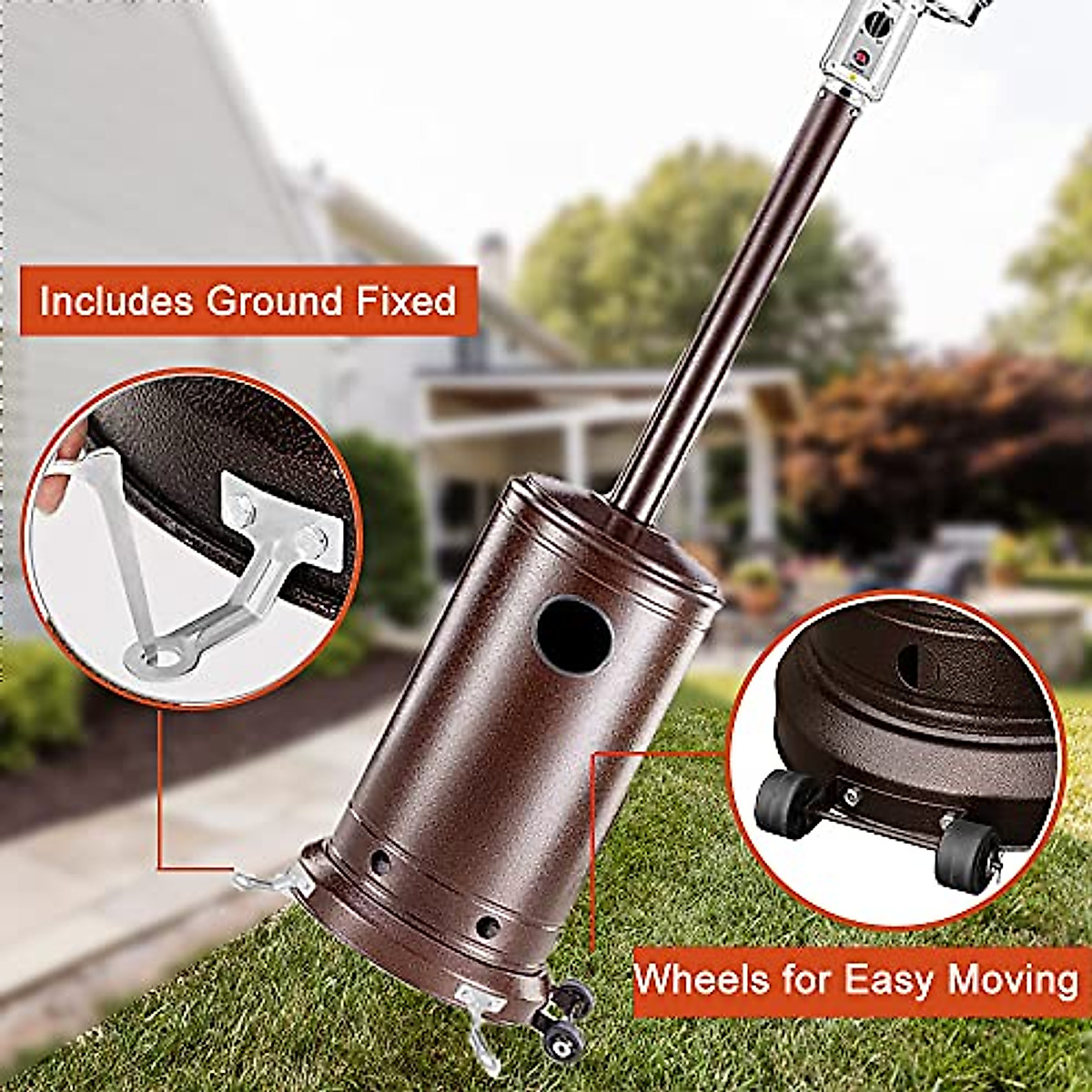 ZIOTHUM 48000 Btu Outdoor Heaters for Patio Propane, Outdoor Heaters for a 15-Foot Diameter Heat Range, Propane Heaters Outdoor with Simple Ignition System, Wheels, Party, Brown