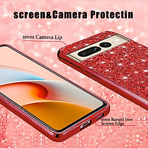Compatible with Google Pixel 7 Pro Case Glitter Shockproof,Google Pixel 7 Pro Phone Case Bling Sparkly Soft TPU and PC Silicone Shiny Girl Women Thin Protective Cover (Red)