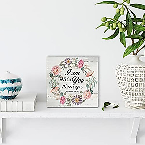 Bible Verse I am with You Always Wood Box Sign Inspirational Rustic Scripture Wooden Box Sign Christian Home Office Desk Shelf Decor (5 X 5 Inch)