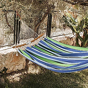 Lxoohy Portable Patio Double Hammock with Travel Bag, 2 Person Outdoor Hammock with Foldable and Curved Spreader Bar, D Rings and Tree Straps for Camping, Picnic, Backyard, Green Blue