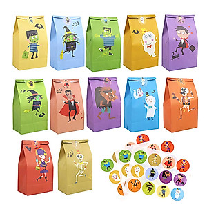 CCINEE 36pcs Halloween Paper Treat Bags Cute Candy Bags with 48pcs Round Stickers for Halloween Party Snacks Gift Packing Supplies