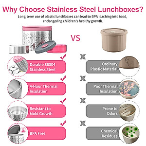 Lille Home Lunch Box Set, An Vacuum Insulated Bento/Snack Box Keeping Food Warm for 4-6 Hours, Two BPA-Free Food Containers, A Lunch Bag, A Portable Cutlery Set, Smart Diet, Weight Control (Pink)