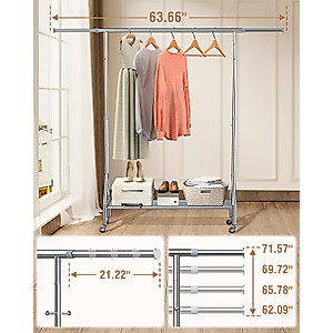 100% Stainless Steel Clothing Rack Load 760LBS, Ultra-Stable Heavy Duty Clothes Rack W/ Reinforced Rubber Ring, Extendable Adjustable Rolling Garment Racks W/ Sturdy Wheel for Portable Hanging Clothes