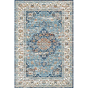 VK VK·LIVING Washable Rug, 5'x7' Stain Resistant Washable Rug, Machine Washable Rug with Non-Slip,Vintage Bohemian Area Rug for Living Room Bedroom Dining Home Office Area Rug (Blue, 5'x7')