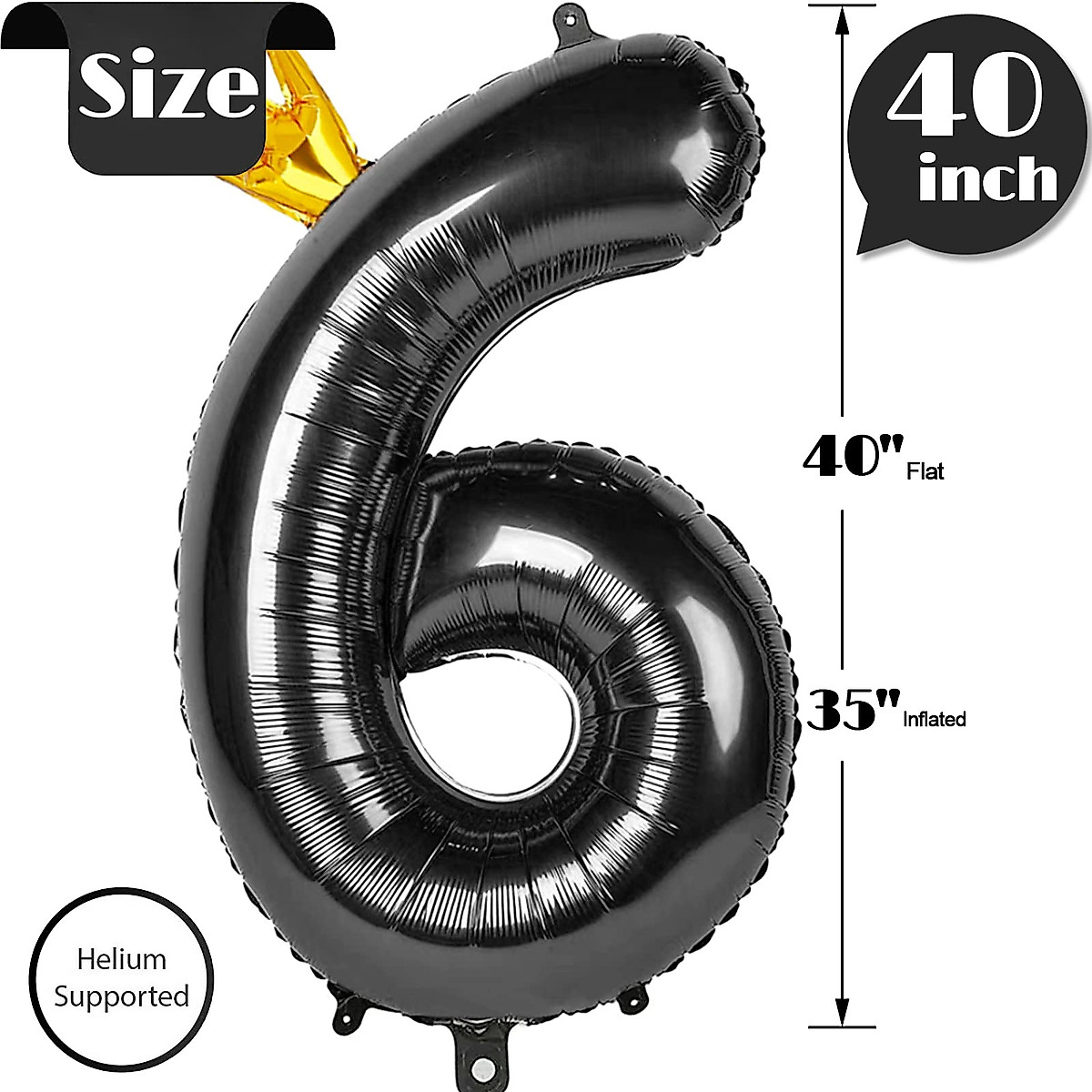 Number 6 Balloon 40 in, Six Helium Balloons for Birthday Party 16 60 Decorations Anniversary, 6th Birthday Balloon, Black 6 Balloons