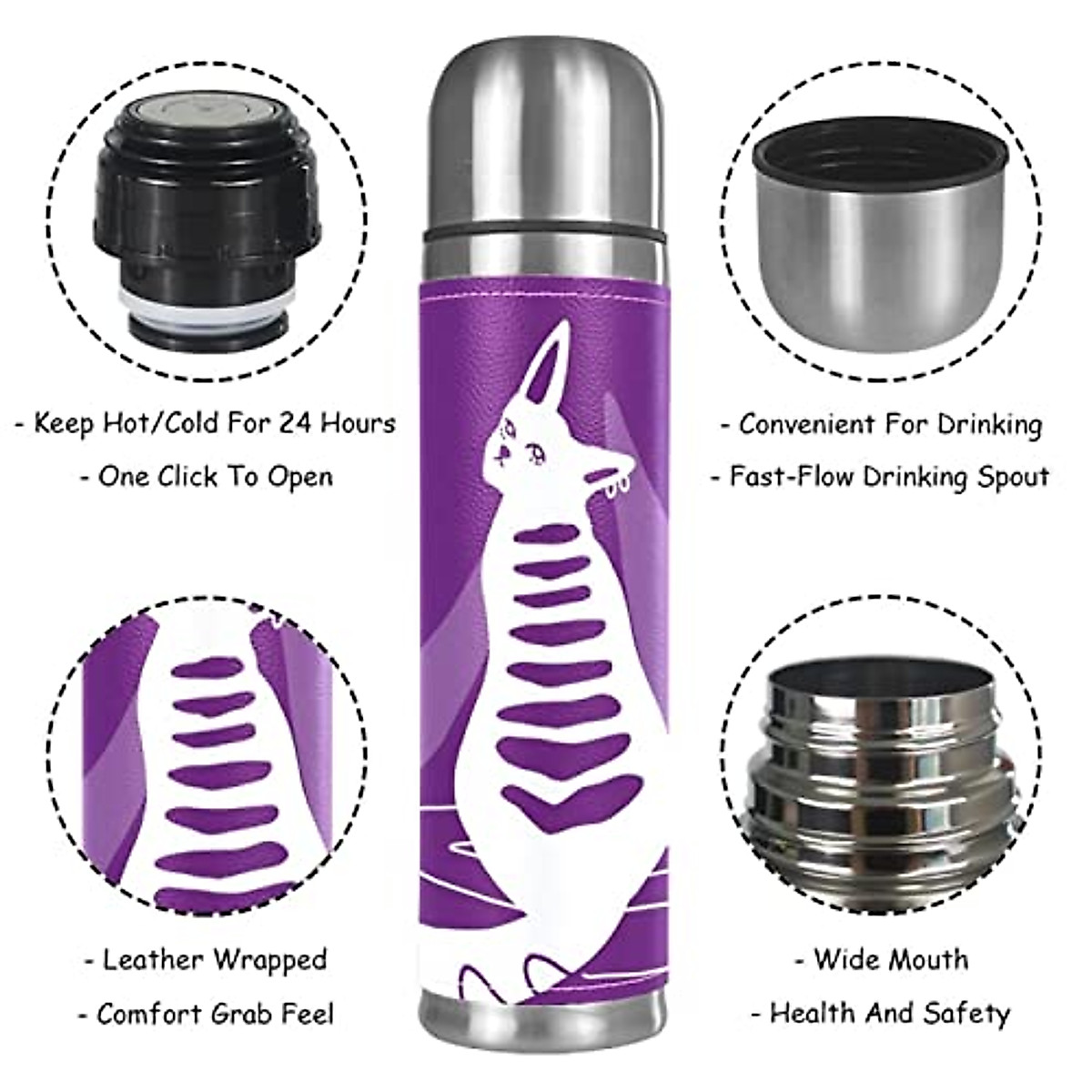 Stainless Steel Leather Vacuum Insulated Mug Cat Thermos Water Bottle for Hot and Cold Drinks Kids Adults 16 Oz