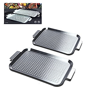 COOK TIME Grill Pan Set of 2, BBQ Grill Topper for Outdoor Grill, Stainless Steel Grilling Baskets with Holes and Handles, Perforated Food Tray Barbecue Accessories for Vegetable, Fish, Meat, Seafood