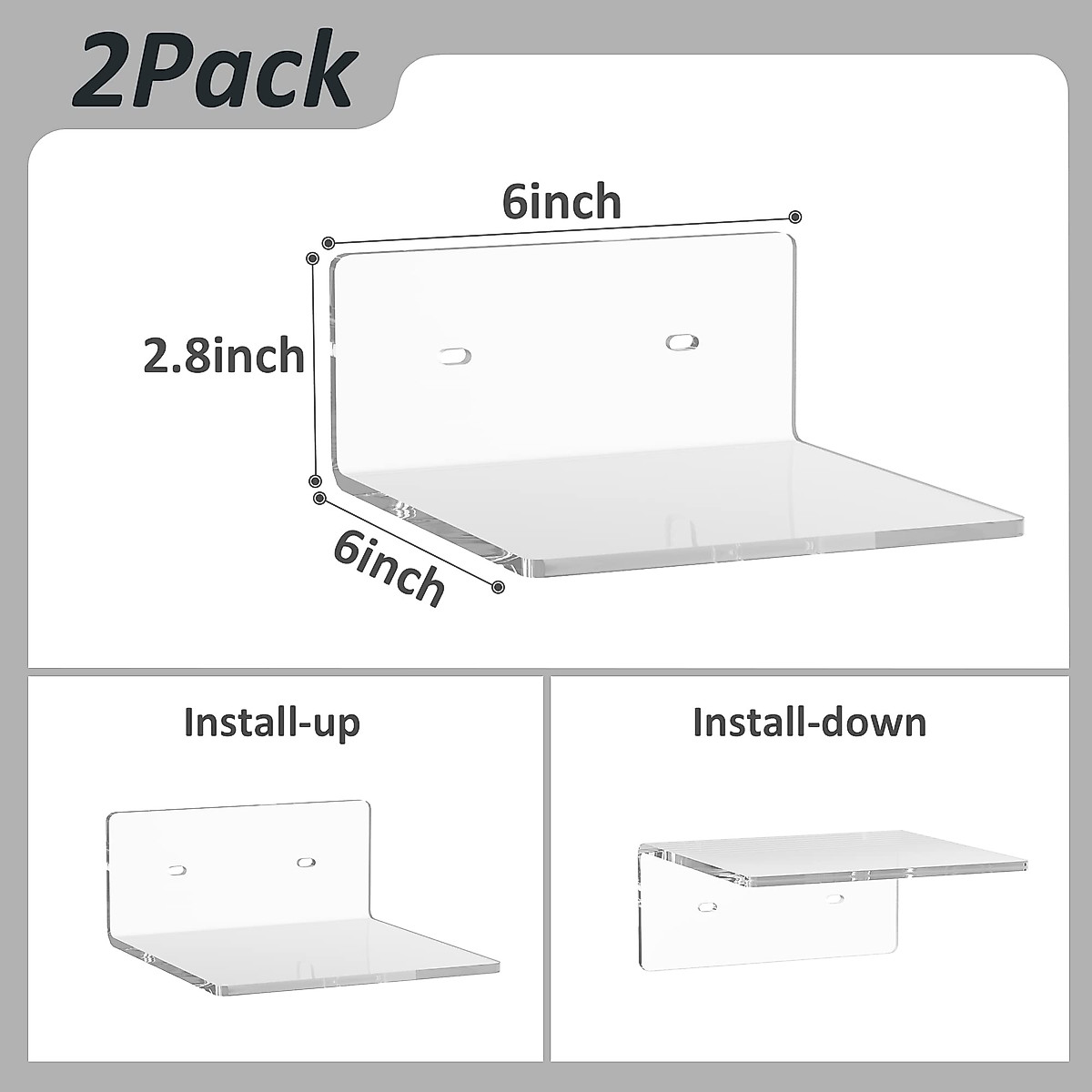 Sezanrpt 6 Inches Acrylic Small Wall Shelves, Clear Floating Shelf for Wall Mounting, Acrylic Display Ledges for Funko Pop Figures, Home Décor, Living Room, Gaming Room, Plants, 2 Pack
