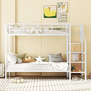Harper & Bright Designs Twin Over Twin Bunk Beds with Storage Stairs & Wardrobe, Heavy Duty Metal Bunk Bed Frame with Guardrail for Kids, Teens, Adults, No Box Spring Needed, White