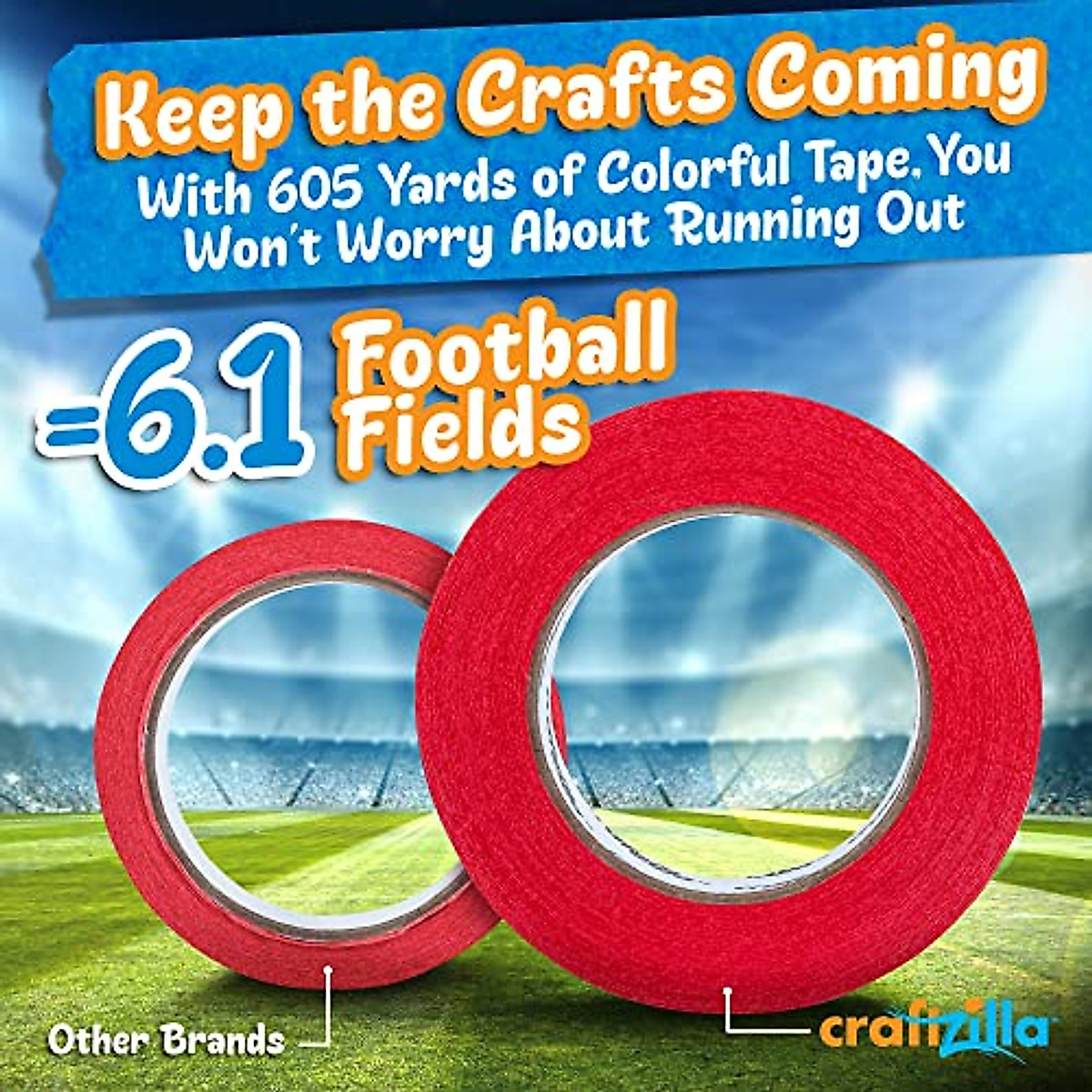 Craftzilla Colored Masking Tape – 11 Extra Large Rolls – 1,815 Feet x 1 Inch of Colorful Craft Tape – Vibrant Rainbow Color Teacher Tape – Great for Art, Lab, Labeling & Classroom Decorations