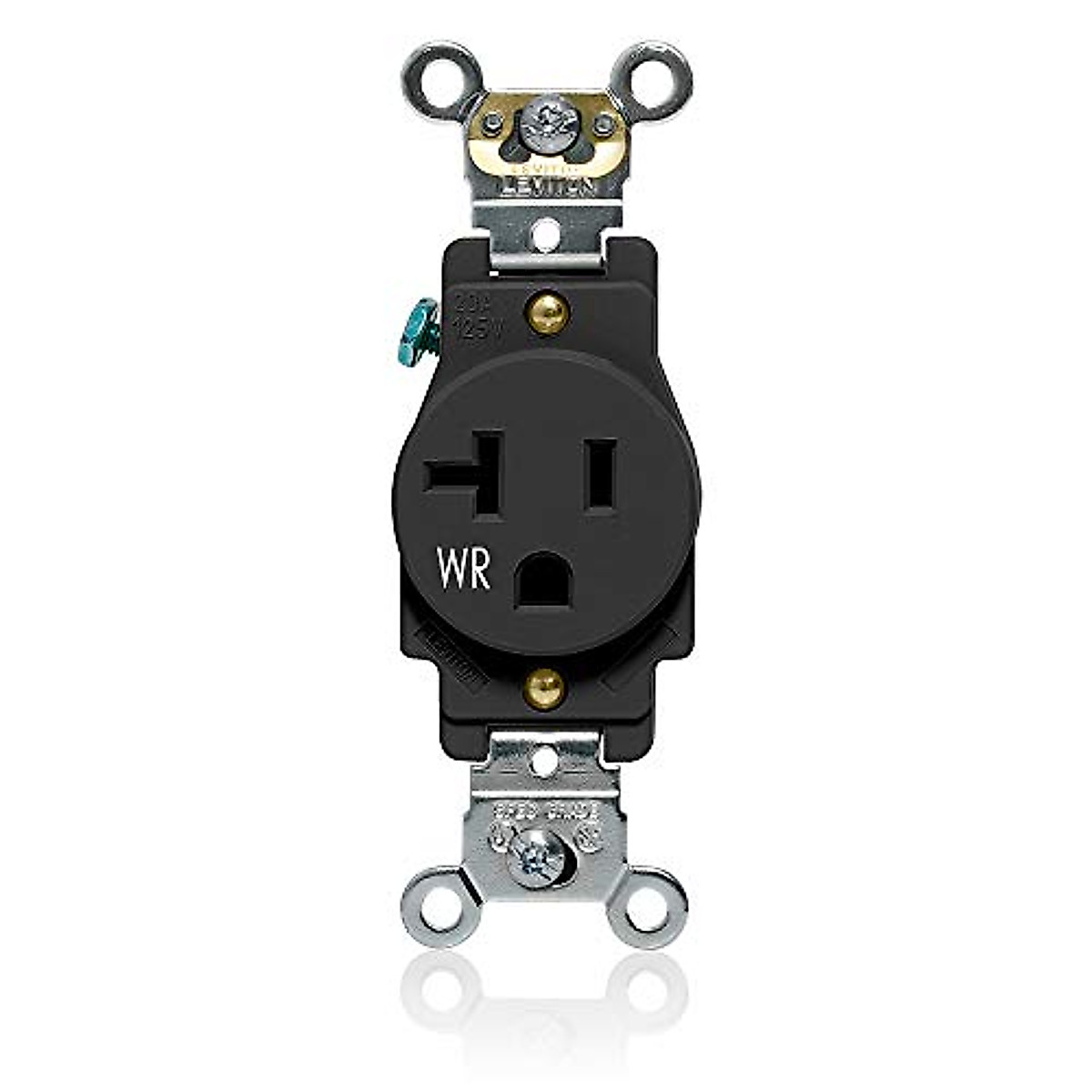 Leviton W5361-E Single Receptacle Outlet, Weather-Resistant, 20 Amp, 125 Volt, Heavy-Duty Industrial Specification Grade, Back or Side Wire, Self-Grounding, Black