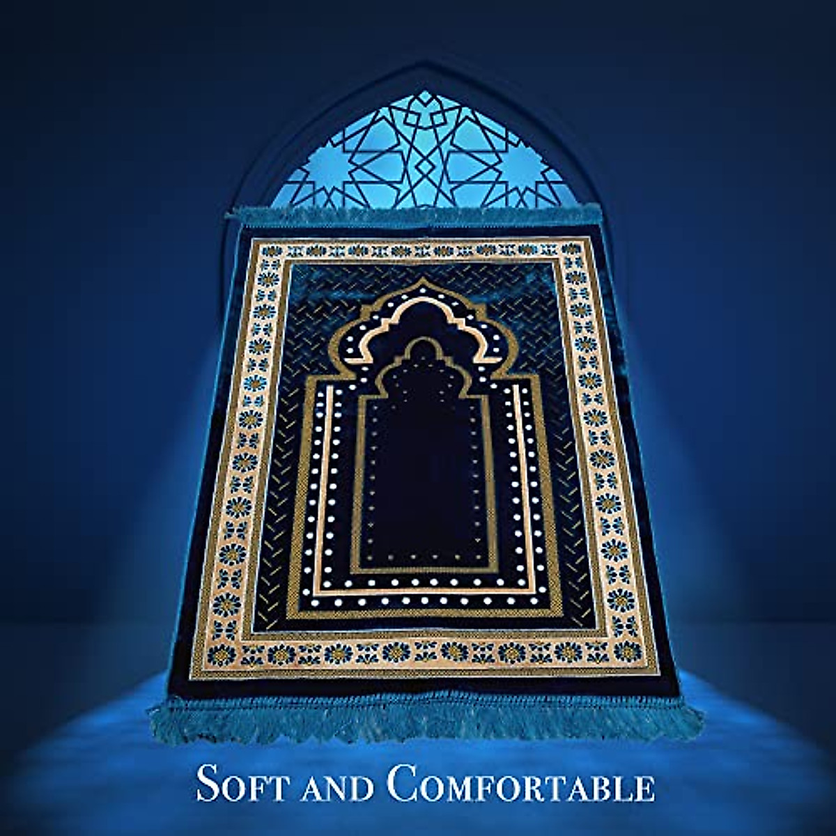 TB Muslim Prayer Rug Thick, Islamic, Soft Velvet Mat Ramadan Gift, with Prayer Bead Unique Decoration Gilded Gold-Like Embroidered for Women Man Kids Meditation Turkish African (Blue)