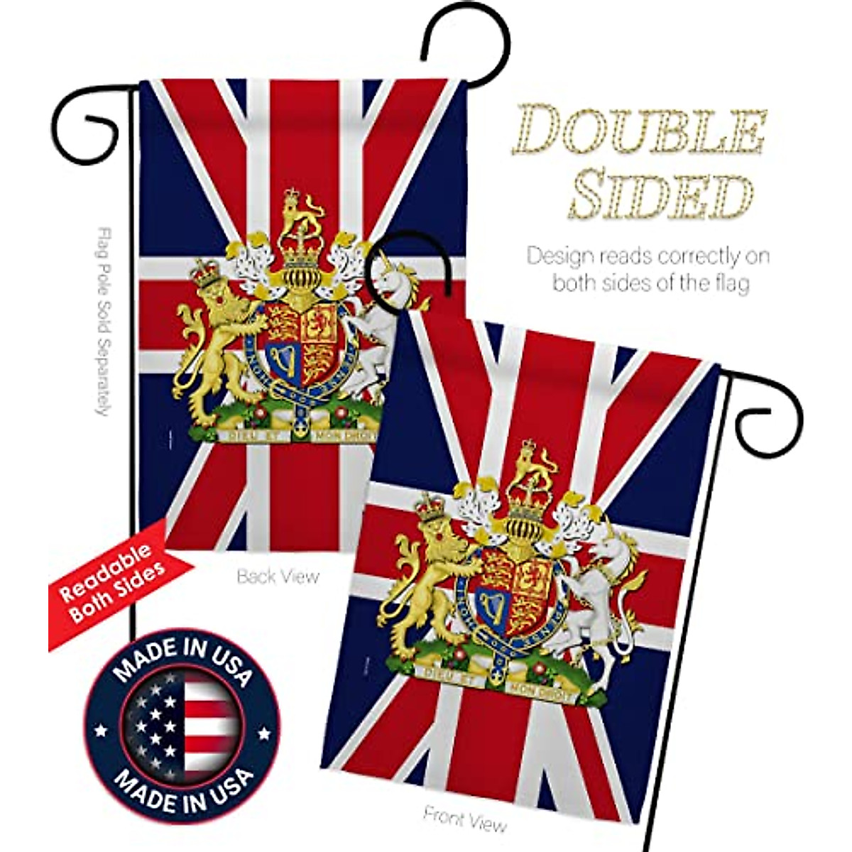 Queen Elizabeth II Flag Coat of Arms United Kingdom Garden Flag - Set Wood Dowel Sweet Life Sympathy Remembrance Bereavement Emotion Postive - House Banner Small Yard Gift Double-Sided 13 X 18.5