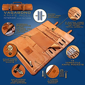 Dalstrong - Large Chef Knife Roll Bag - Brazilian Leather - California Brown - Vagabond Series - 16 Slots - Interior and Rear Zippered Pockets - Blade Travel Storage/Case