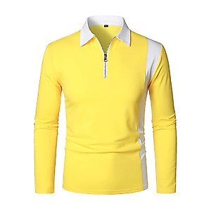 HOOD CREW Mens Long Sleeve Polo Shirts Fashion Color Block Zipper T shirts Yellow 3XL