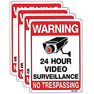 Warning Security Cameras In Use 24 Hour Video Surveillance Sign 10x14 Aluminum UV Ink Printed,Durable/Weatherproof Up to 7 Years Outdoor for House and Business (4-Pack)
