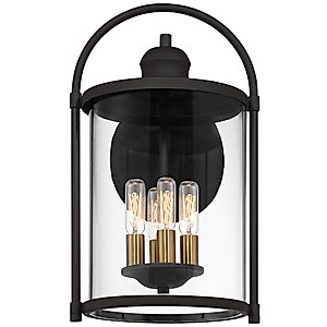 Avani Farmhouse Outdoor Wall Light Fixture Black Brass 17" Cylindrical Clear Glass Shade for Exterior House Porch Patio Outside Deck Garage Yard Front Door Garden Home Entryway - John Timberland
