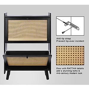 ZYBT Black Shoe Storage Organizer for Entryway, Rattan Shoe Storage Cabinet, 2 Flip Drawers Shoe Organizer Slim Wooden Shoe Rack for Door, Free Standing Shoe Racks for Entryway