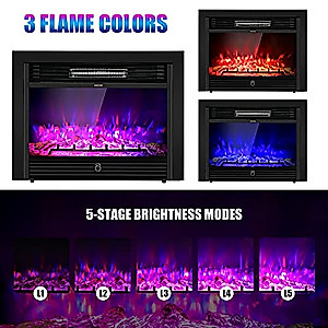COSTWAY 28.5-Inch Electric Fireplace Inserts, 750W/1500W Wall Recessed and Freestanding Fireplace with 3 Flame Colors, 5 Brightness Settings, 8H Timer, Remote Control, Fireplace Heater for Indoor Use