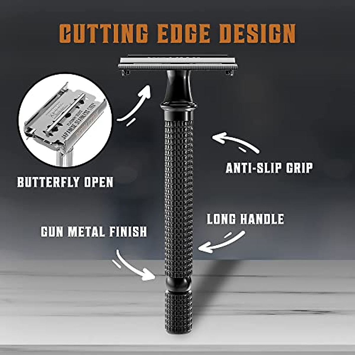 Long Handle Double Edge Safety Razor - Butterfly Open Razor with 10 Japanese Stainless Steel Double Edge Blades and Black Safety Razor Stand
