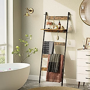Rolanstar Blanket Ladder with Adjustable Shelf and 4 Hanging Hooks, Wall-Leaning Blanket Rack, Ladder Shelf Stand for Bathroom, Living Room, Kitchen, Rustic Brown