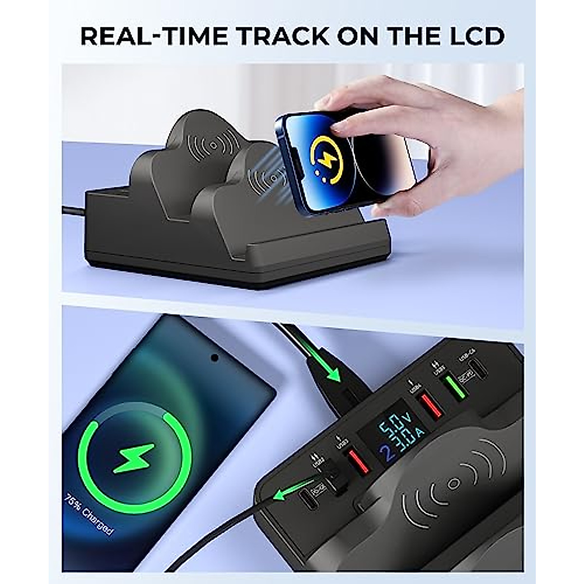 FORYOU Charger Station Wireless Charger Phone with QC/PD Ports, 8 in 1 Fast Charging Pad Wireless Phone Charger for iWatch/Airpods/Samsung/Android/iPhone 14 13 12 for Travel Essentials