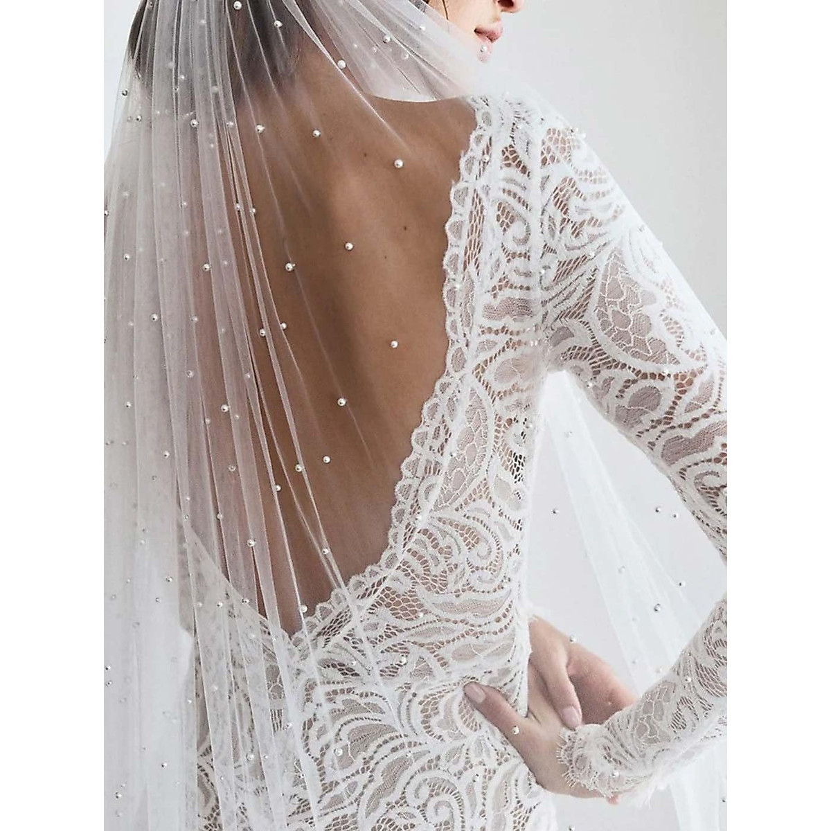 Latious Pearl Cathedral Bride Wedding Veils White 1 Tier Bridal Veil Long Veils with Comb for Brides and Women (White)