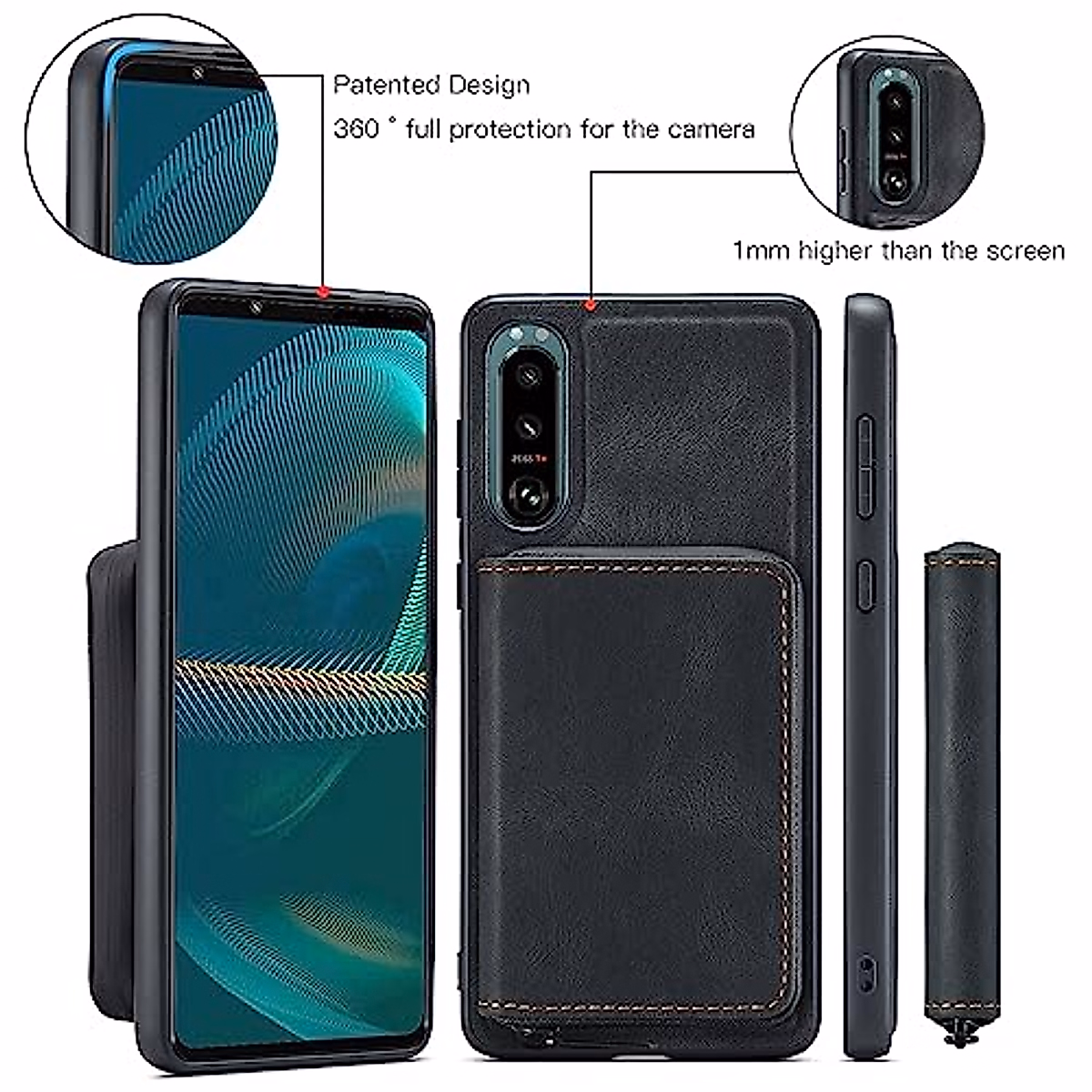 Phone Case for Sony Xperia 5 III 3 / Xperia5III 5G Wallet Cover with Tempered Glass Screen Protector and Credit Card Holder Zipper Stand Cell Accessories Experia 5III 5G XQ-BC72 Women Men Black