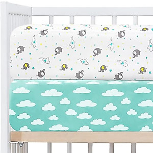 Crib Sheets Neutral, 2 Pack Fitted Crib Sheets Set, Printed Crib Sheets for Boys and Girls, Soft and Breathable Silky Microfiber Baby Sheet Fits Standard Crib and Toddler Mattress, Elephant & Clouds