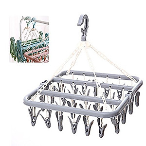EKDJKK Clothes Drying Hanger with 32 Clips,Baby Clothes Drying Rack,Sock Clips for Laundry Foldable Clothes Hangers for Drying Socks,Towels,Underwear,Bras,Diapers,Baby Clothes,Gloves,Hats