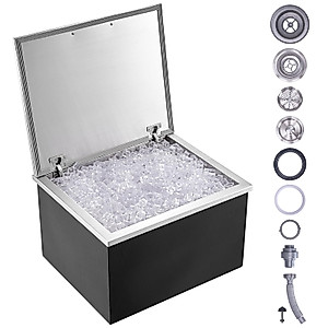 VEVOR Drop in Ice Chest, 28" L x 16" W x 17" H Stainless Steel Ice Cooler, Commercial Ice Bin with Hinged Cover, 40 qt Outdoor Kitchen Ice Bar, Drain-Pipe and Drain Plug Included, for Cold Wine Beer