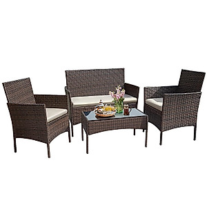 Flamaker Outdoor Furniture Patio Set Cushioned PE Wicker Rattan Chairs with Coffee Table 4 PCS for Garden Poolside Porch Backyard Lawn Balcony Use (Brown&Beige)