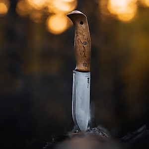 HELLE Knives - Nord - Full Tang Stainless Steel Blade, Curly Birch Handle, Fixed Blade With Sheath, Handcrafted