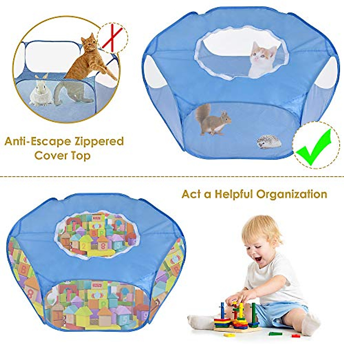 AUTOWT Small Animal Playpen, Breathable Transparent Pet Tent with Top Cover Auto-Open Indoor Outdoor Exercise Foldable Yard Fence for Kitten, Puppy, Guinea Pig, Rabbits, Hamster and Hedgehogs (Blue)