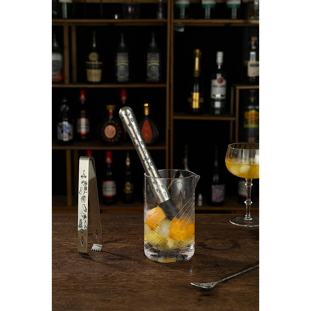 Cocktail Geek Etched Bartender Kit Cocktail Shaker Set-7 Pieces Stainless Steel Etching Bar Tools with Boston Shaker,Bar Spoon,Cocktail Muddler,Double Jigger,Cocktail Strainer,Ice Tongs