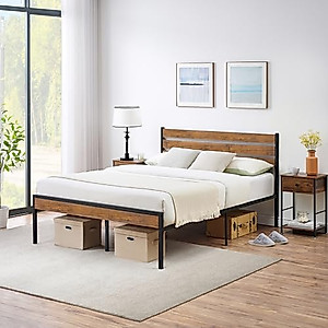 coucheta Queen Bed Frame,Queen Bed Frame with Wooden Headboard and Footboard, Platform Bed Frame with Storage, Strong Metal Slats Support, No Box Spring Needed,Brown