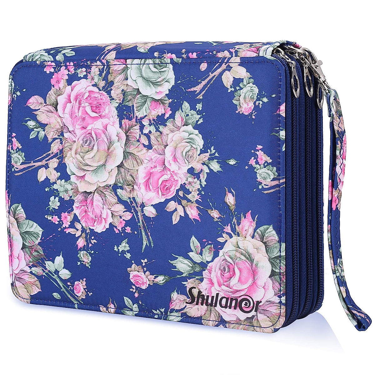 Shulaner 120 Slots Colored Pencil Case with Zipper Closure Large Capacity Blue Rose Oxford Pen Organizer Flower Pencil Holder