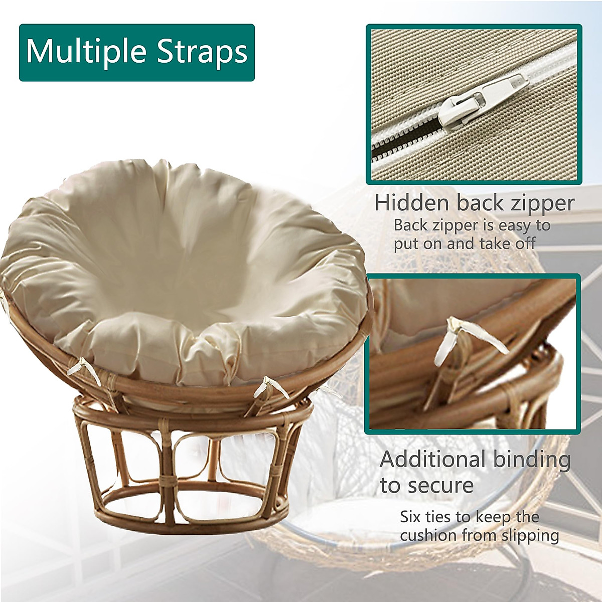 Sqodok Papasan Cushion Cover Only, 50in Outdoor Indoor Papasan Chair Cushion Covers Water Resistant, Machine Washable Papasan Chair Cushion Slipcover with Zipper and Straps (Beige)