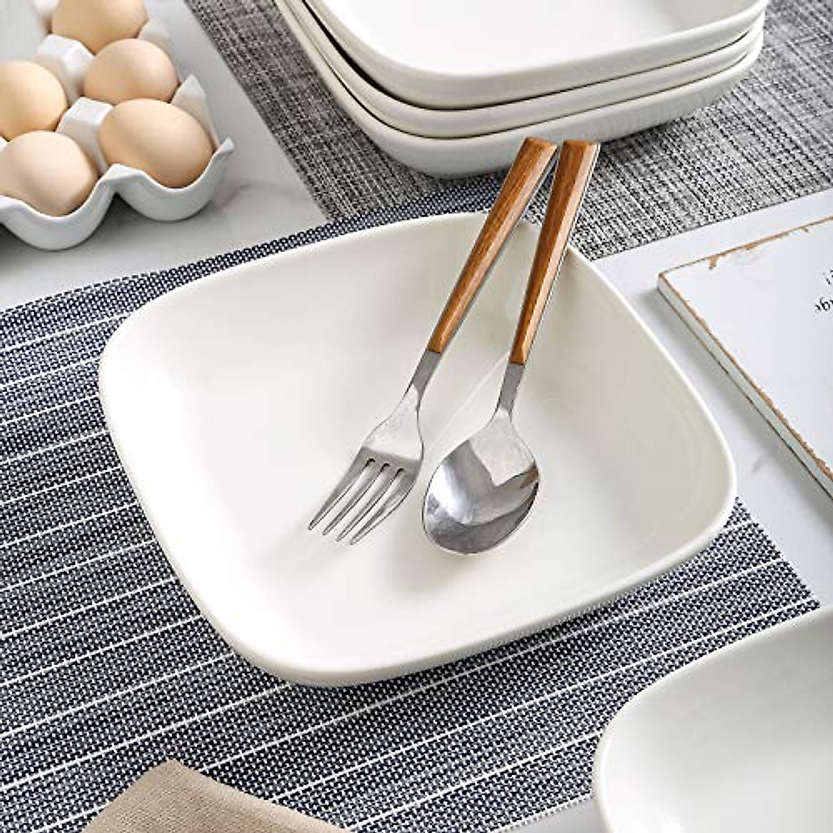 Selamica Porcelain 8-inch Square Dinner Plates, Pasta Salad Bowls, Set of 6, White