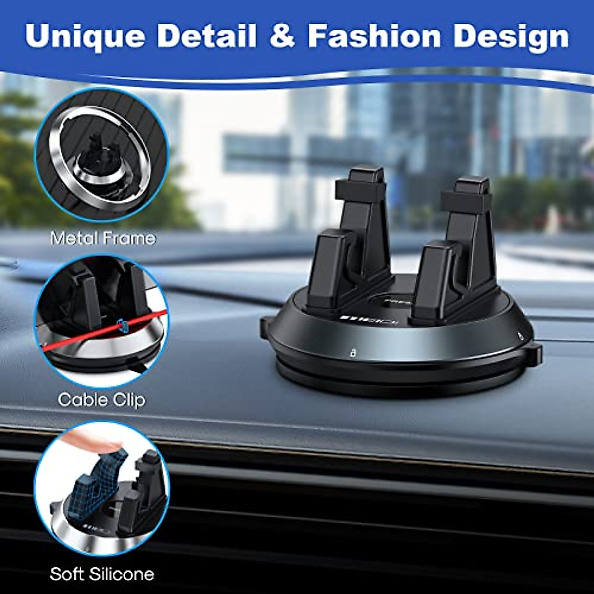 MEIDI [Double Suction] Dashboard Phone Holder, Car Phone Holder Mount, Removable Car Cell Phone Cradle, Rotatable Desk Phone Holder for Car, Compatible with All Smart Phones (Black)