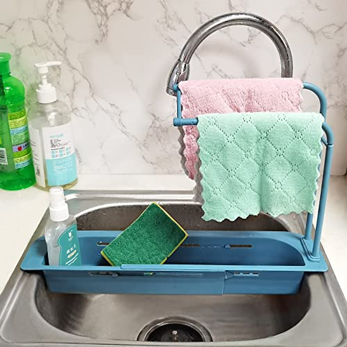 2 Pack Updated 2-in-1 Telescopic Sink Holder Rack Sink Organizer Expandable Storage Drain Basket Rack Sponge Soap Holder Drainer Sink Tray Adjustable Faucet Clip Drain Basket Rack for Home,Kitchen