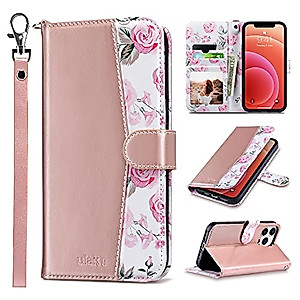 ULAK Compatible with iPhone 12 Pro Max Case with Card Holders, iPhone 12 Pro Max Case Wallet for Women, Durable PU Leather Flip Wristlet Stand Phone Cases for iPhone 12 Pro Max, Rose Gold