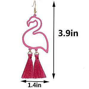 Tassel Pink Flamingo Exaggerated Long Dangle Earrings Retro Creative Hollow Fashion Cute Animal Bird Drop Earrings Boho Trendy Elegant Handmade Flamingo Shape Jewelry for Women -A