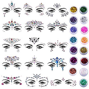 SIQUK 15 Sets Face Gems Glitter Mermaid Face Jewels Crystal Stickers with 15 Boxes Chunky Face Glitter for Festival Rave Carnival Party