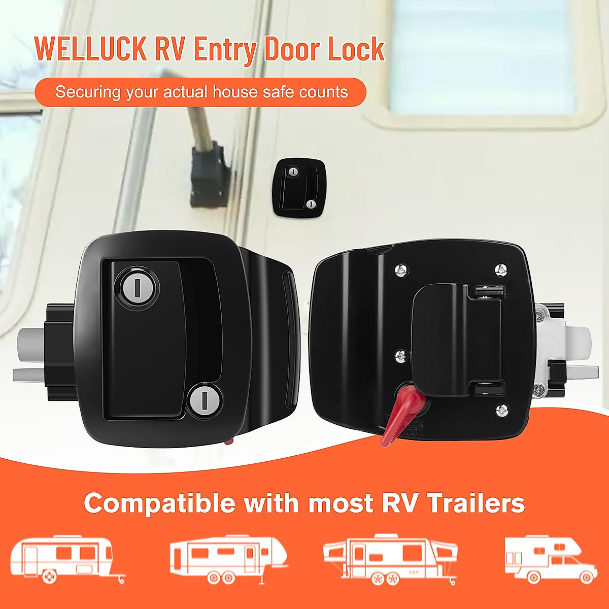 WELLUCK RV Entry Door Lock with Paddle Deadbolt, 100% Metal Camper Door Latch Handle, Zinc Alloy RV Door Lock Replacement Kit Secure for Camper Horse Travel Trailer Cargo Hauler, Black, Not Key Alike