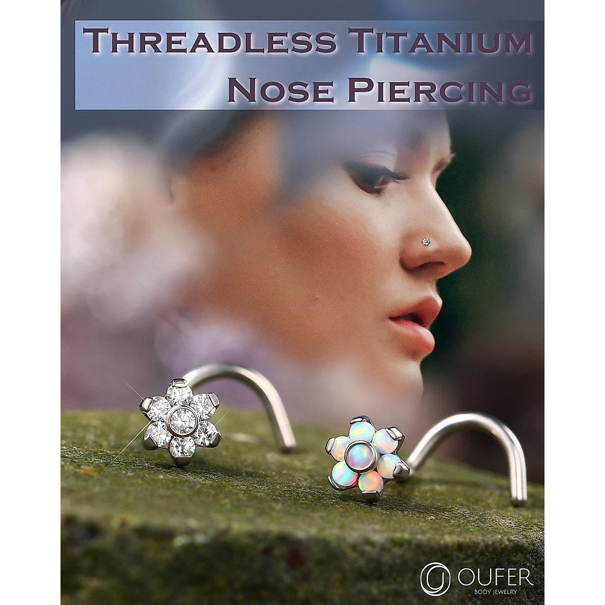 OUFER 20G Nose Studs, Flower Designed White Opal Paved Push-in Nose Rings, G23 Solid Titanium Nose Screw Studs, Nostril Piercing Jewelry for Women and Men