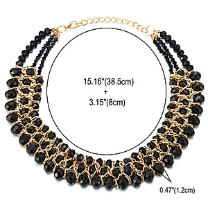 COOLSTEELANDBEYOND Statement Necklace Black Faceted Crystal Beads String Gold Braided Chain Pendant