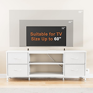 Lulive TV Stand Dresser for Bedroom with Power Outlet & Open Shelf, Media Console Table with 4 Fabric Drawers Storage Organizers (White, 50 Inch TV Stand)