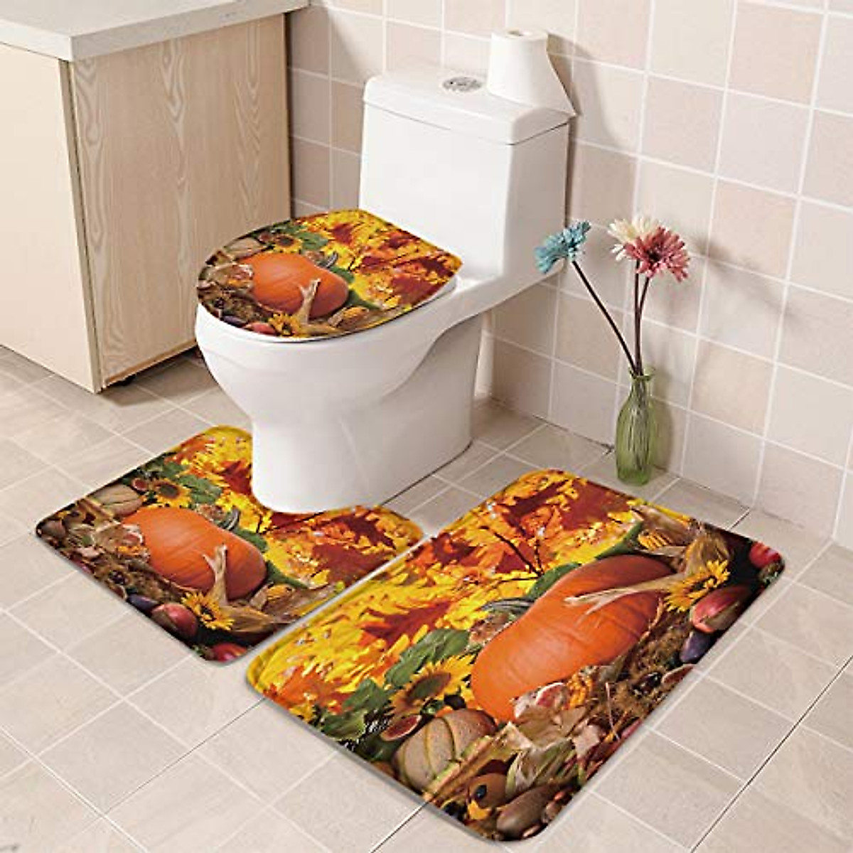 Meet 1998 3 Pcs Bath Rug Set Autumn Leaves Happy Thanksgiving Day Pumpkin Sunflowers Water Absorbent Bathroom Mat Non-Slip U-Shaped Toilet Mat Toilet Seat Cover for Tub Shower Bathroom -Small